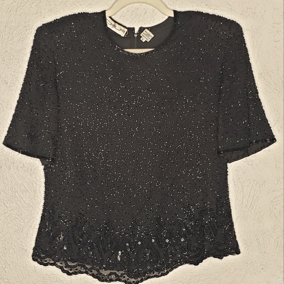 Scala | Tops | Scala Vintage Silk Beaded Shell Scalloped Shoulder Pads ...